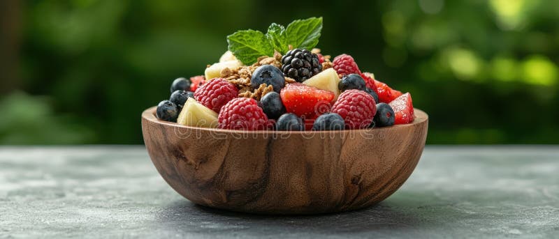 Delicious Berry and Granola Parfait in Wooden Bowl Stock Illustration ...