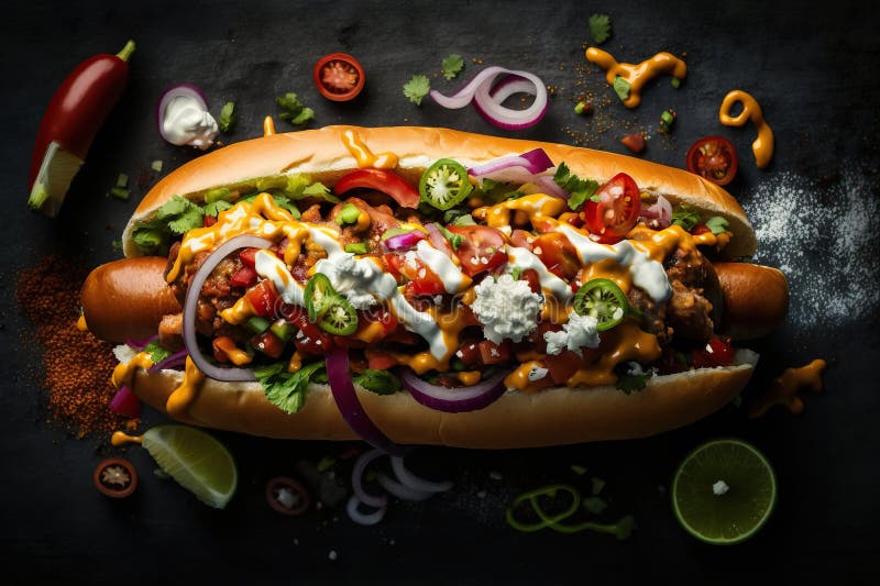 Delicious Big Hot Dog with Assorted Toppings, Ai Generative ...