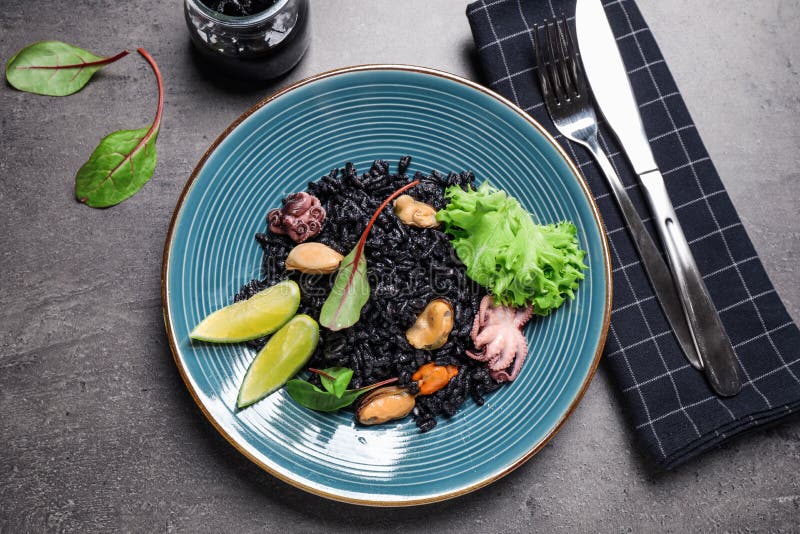 Delicious Black Risotto with Seafood Served on Table Stock Image ...