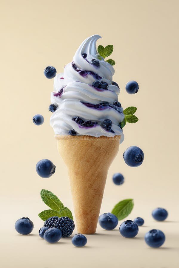 Delicious Blueberry Soft Serve Ice Cream Cone with Fresh Mint Stock ...