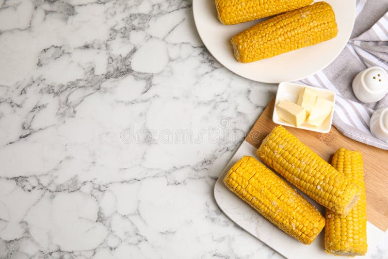 Delicious Boiled Corn Served on White Marble Table. Space for Text ...