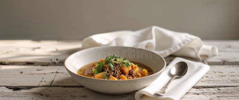 Delicious Bowl of Food with Fork and Napkin on Rustic Table Setting ...