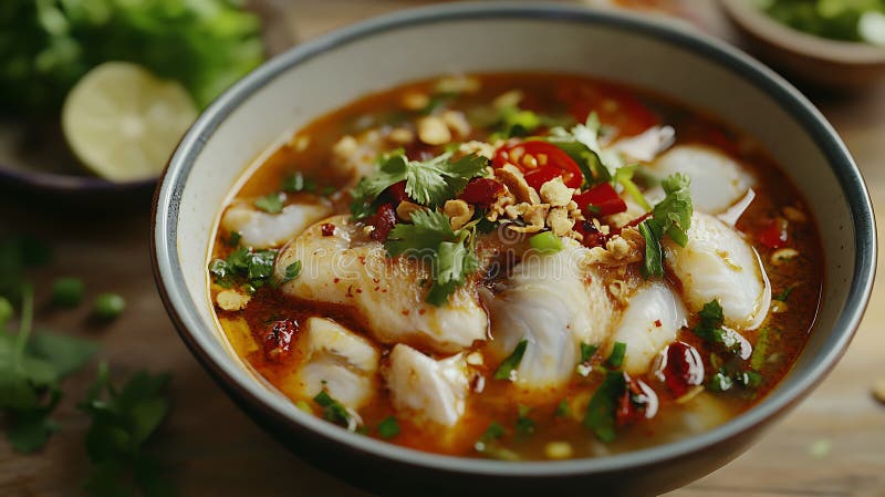Delicious Bowl of Spicy Fish Soup with Fresh Herbs Stock Illustration ...