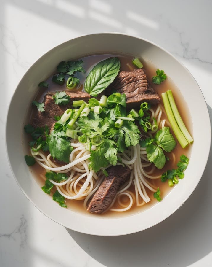 Delicious Bowl of Steaming Beef Noodle Soup with Fresh Herbs. Stock ...