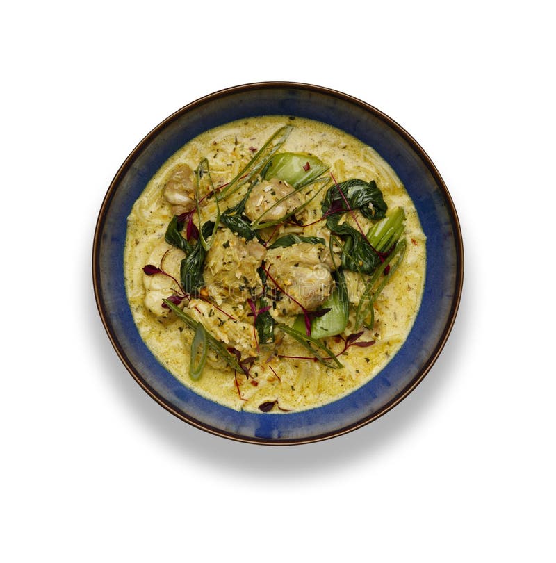 A Delicious Bowl of Thai Chicken Laxa Curry, in a Rustic Blue Bowl ...