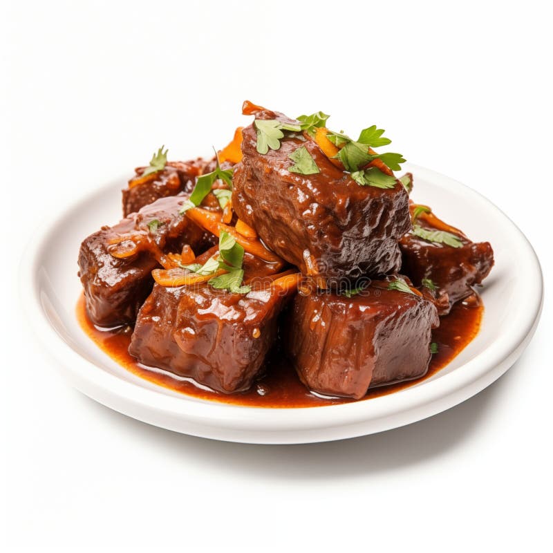 Delicious Braised Beef Chunks with Sauce and Herbs on a White Plate ...