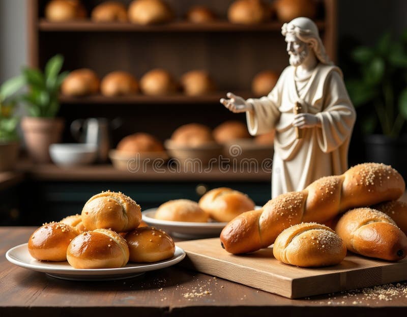 Delicious Bread Rolls and Statue of Jesus in Bakery Setting Stock ...