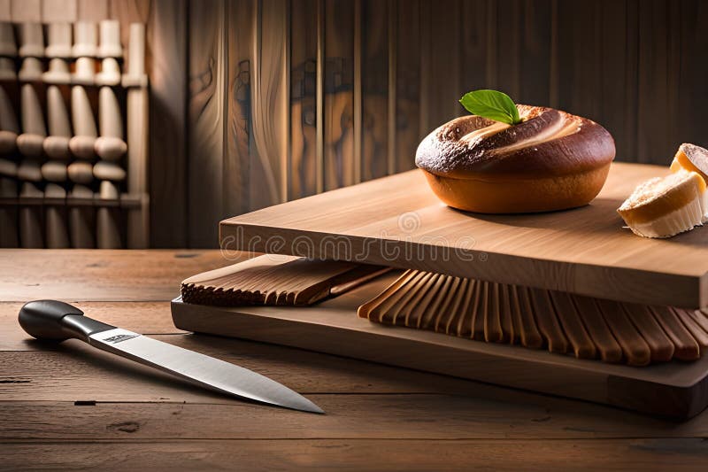 Delicious Bread on Wooden Table in Bakery Kitchen Stock Illustration ...