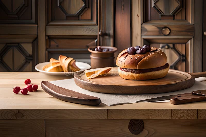 Delicious Bread on Wooden Table in Bakery Kitchen Stock Illustration ...