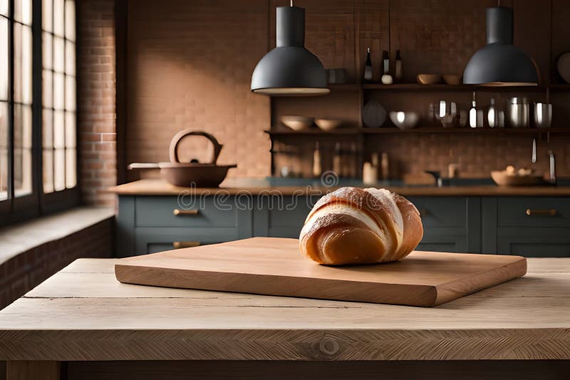 Delicious Bread on Wooden Table in Bakery Kitchen Stock Illustration ...