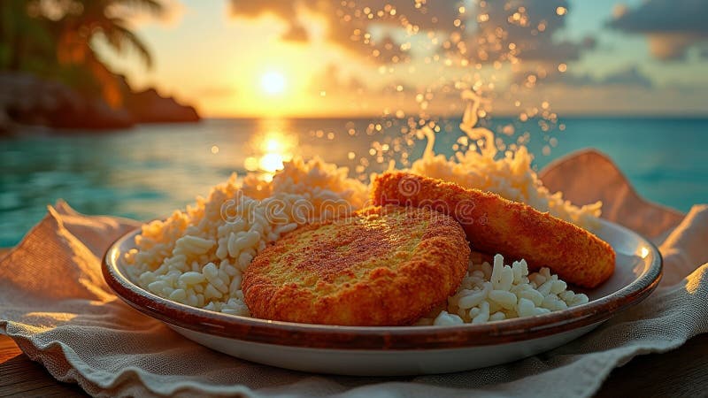 Delicious Breaded Patties and Rice Dish at Tropical Sunset Beach Stock ...
