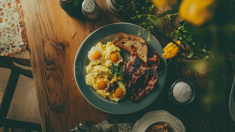 Delicious Breakfast; Eggs, Bacon, Toast; Rustic Table; Spring Flowers ...