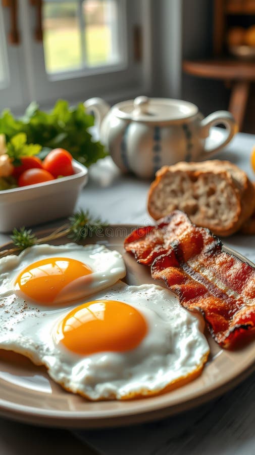 Delicious Breakfast Featuring Sunny Side Up Eggs, Crispy Bacon, and ...