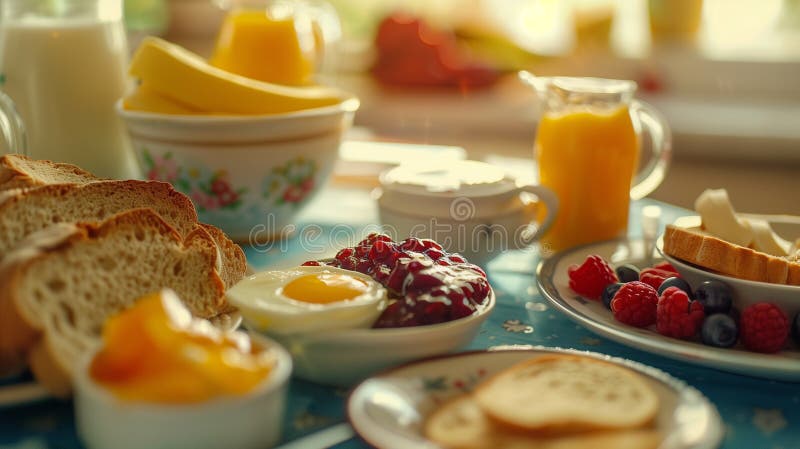Delicious Breakfast Food is Served on a Table and Illuminated by the ...