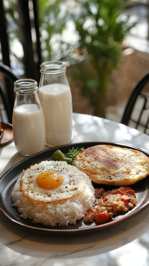 Delicious Breakfast with Fried Eggs, Rice, Chicken, and Drinks Served ...