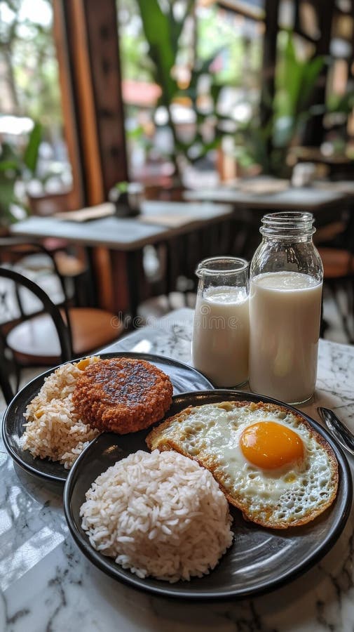 Delicious Breakfast with Fried Eggs, Rice, Chicken, and Drinks Served ...