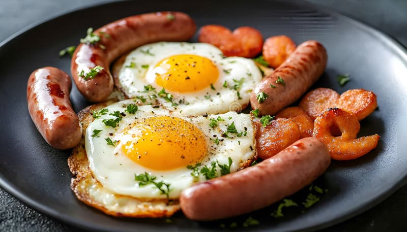 Delicious Breakfast with Heart Shaped Fried Eggs and Sausages on Dark ...
