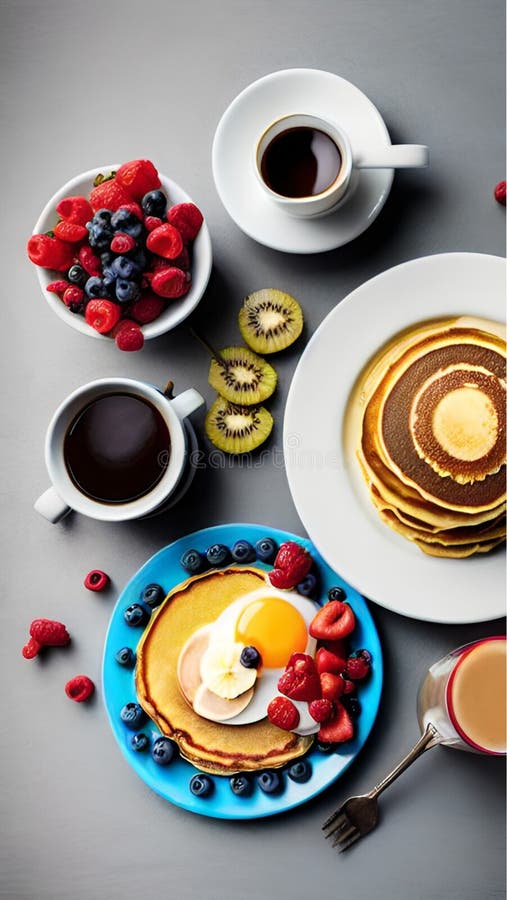 A Delicious Breakfast with Pancakes, Fruits, and CoffeeIllustration ...