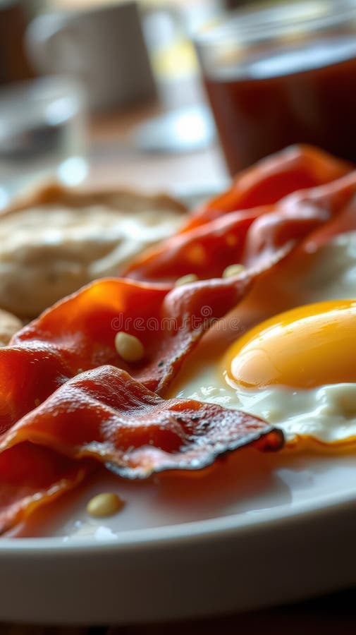 Delicious Breakfast Plate Featuring Crispy Bacon, Eggs, and Side Items ...