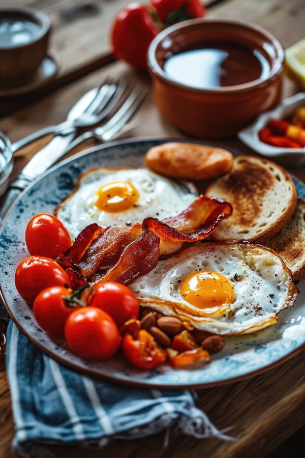 A Delicious Breakfast Plate Featuring Eggs, Bacon, Tomatoes, and Toast ...