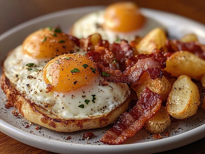 A Delicious Breakfast Plate Featuring Homefries, Eggs, and Crispy Bacon Stock Image - Image of ...