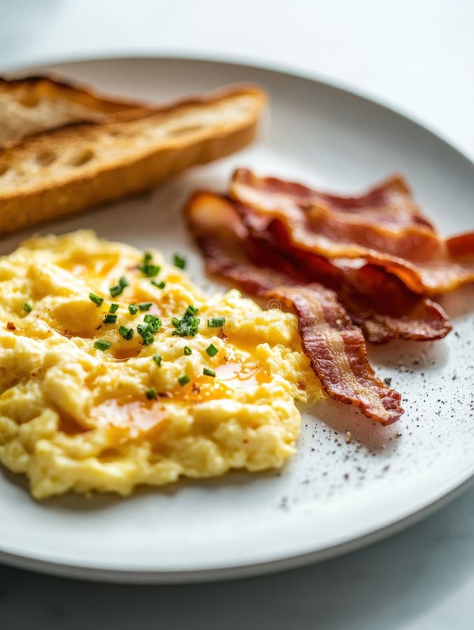 A Delicious Breakfast Plate Featuring Scrambled Eggs, Crispy Bacon, and ...
