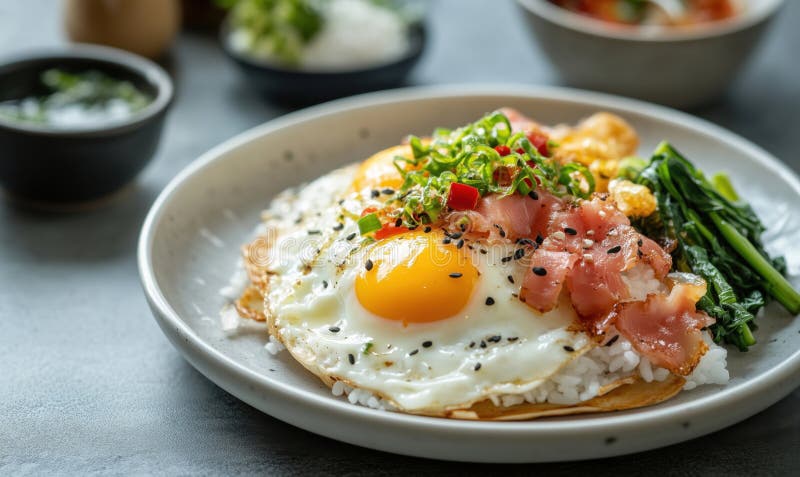Delicious Breakfast Plate with Fried Eggs, Rice, Vegetables, and ...