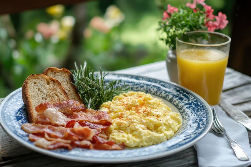 Delicious Breakfast Plate with Scrambled Eggs, Bacon, and Juice Stock ...