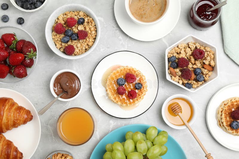 Delicious Breakfast Served on Table, Flat Lay Stock Photo - Image of ...