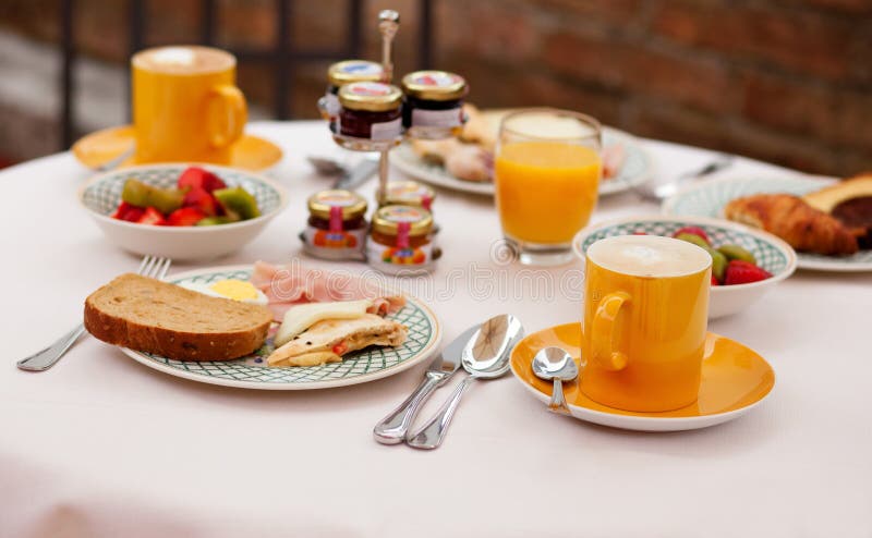 Delicious Breakfast Served for Two Stock Image - Image of bread, latte ...