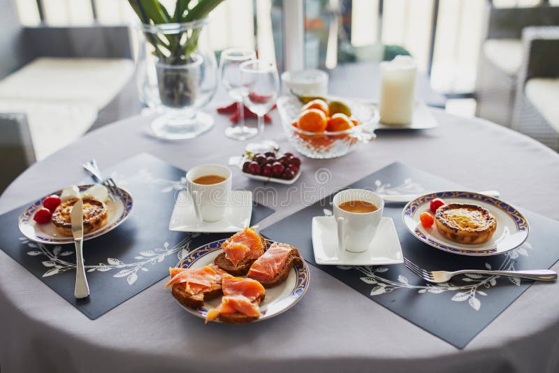 Delicious Breakfast Served for Two Stock Image - Image of bread, latte ...