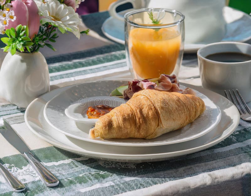 Delicious Breakfast Setting on a Table for Two Featuring Croissant ...