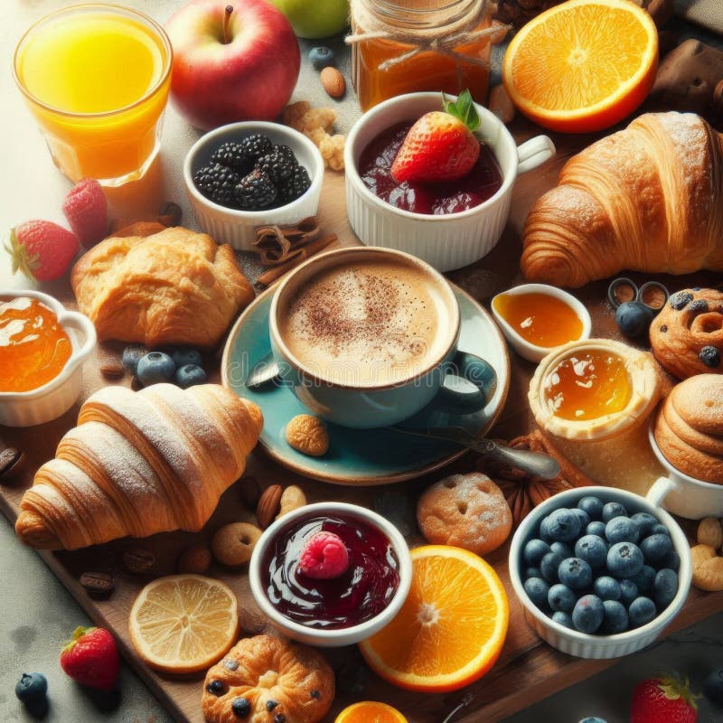 Delicious Breakfast Spread with Coffee, Croissants, Bread Buns, and ...
