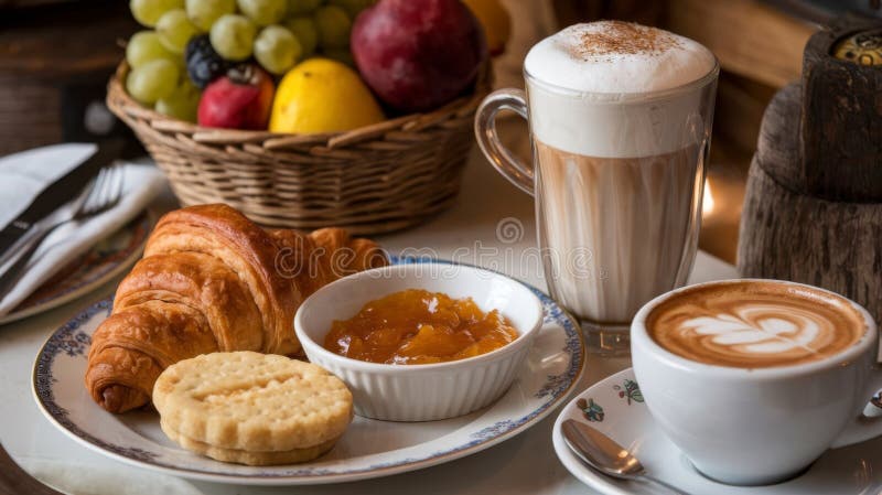 Delicious Breakfast Spread with Coffee, Croissants, Bread Buns, and ...