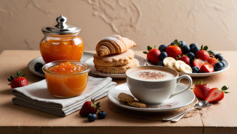 Delicious Breakfast Spread with Coffee, Croissants, Bread Buns, and ...