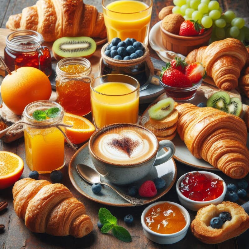 Delicious Breakfast Spread with Coffee, Croissants, Bread Buns, and ...