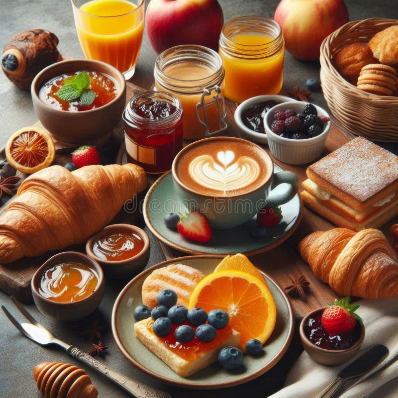 Delicious Breakfast Spread with Coffee, Croissants, Bread Buns, and Juice, Ready on the Table ...