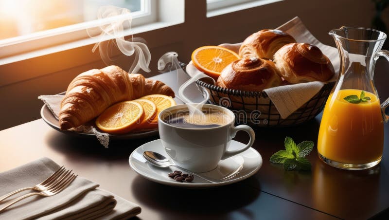 Delicious Breakfast Spread with Coffee, Croissants, Bread Buns, and ...