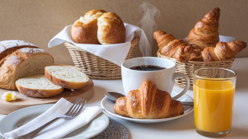 Delicious Breakfast Spread with Coffee, Croissants, Bread Buns, and ...