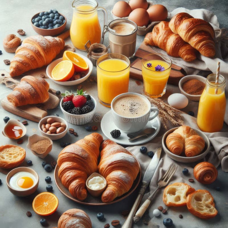 Delicious Breakfast Spread with Coffee, Croissants, Bread Buns, and ...