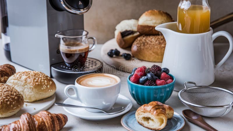 Delicious Breakfast Spread with Coffee, Croissants, Bread Buns, and ...