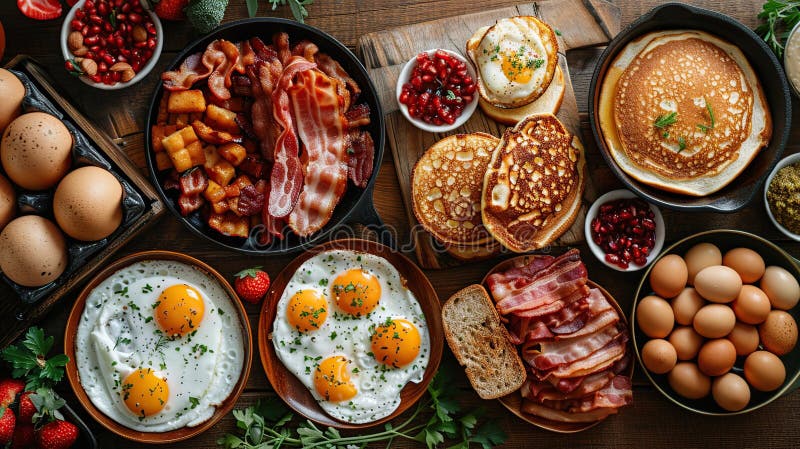 Delicious Breakfast Spread with Eggs, Bacon, Pancakes, and More Stock Illustration ...