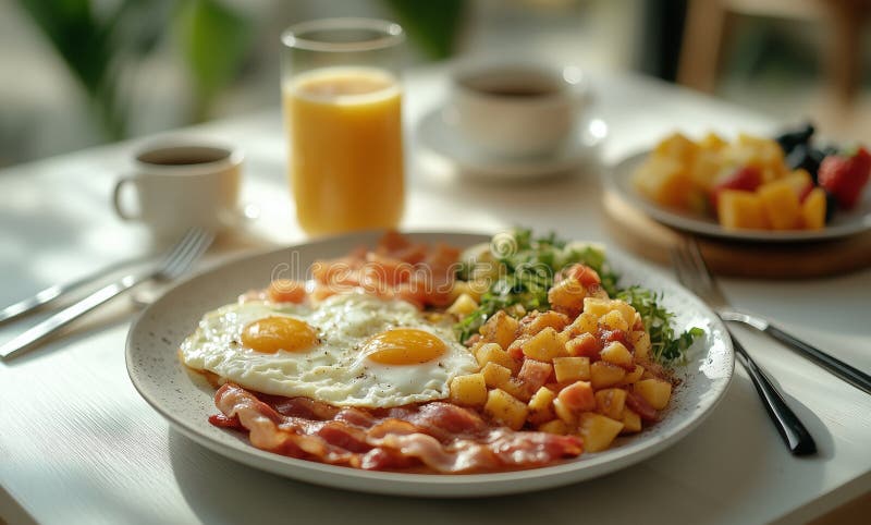 Delicious Breakfast Spread Featuring Eggs, Bacon, and Fresh Fruit in a ...