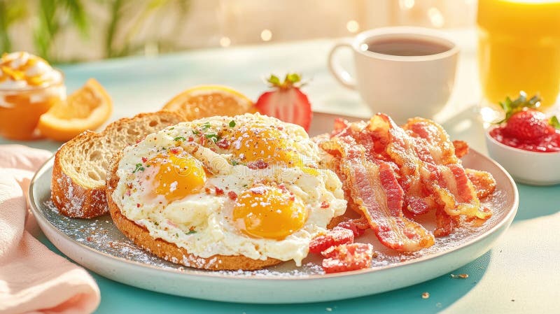 Delicious Breakfast Spread Featuring Eggs, Bacon, Toast, and Fruit on a ...