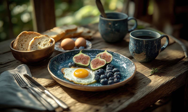 Delicious Breakfast Spread Featuring Eggs, Figs, Blueberries, and ...