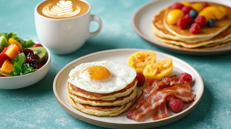 Delicious Breakfast Spread Featuring Pancakes, Eggs, Bacon, Fruit, and ...