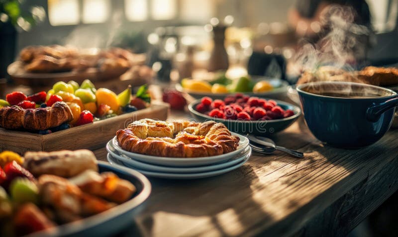 Delicious Breakfast Spread with Pastries and Fresh Fruit Stock Photo ...