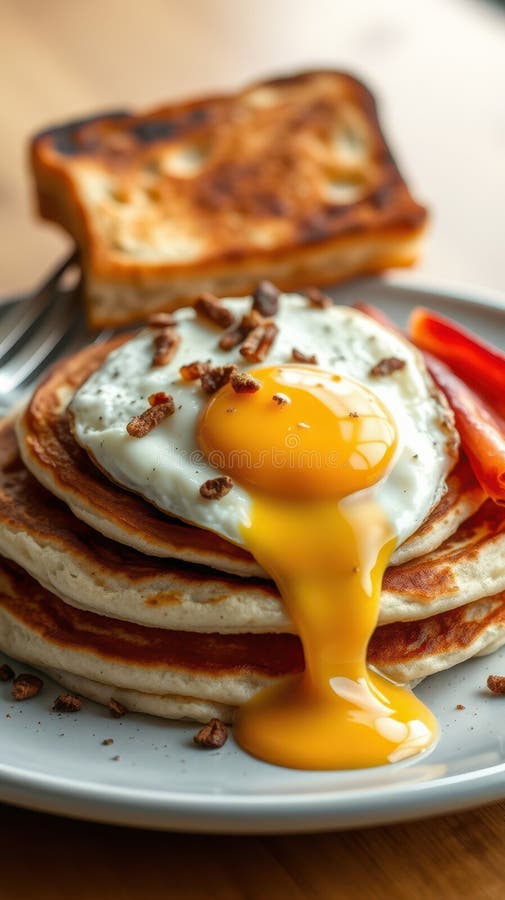 Delicious Breakfast Stack with Pancakes, Fried Egg, and Toast Served on ...