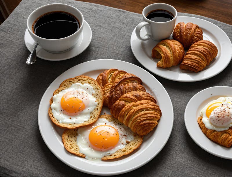 Delicious Breakfast Table with Eggs, Croissants, and Coffee in Cozy ...