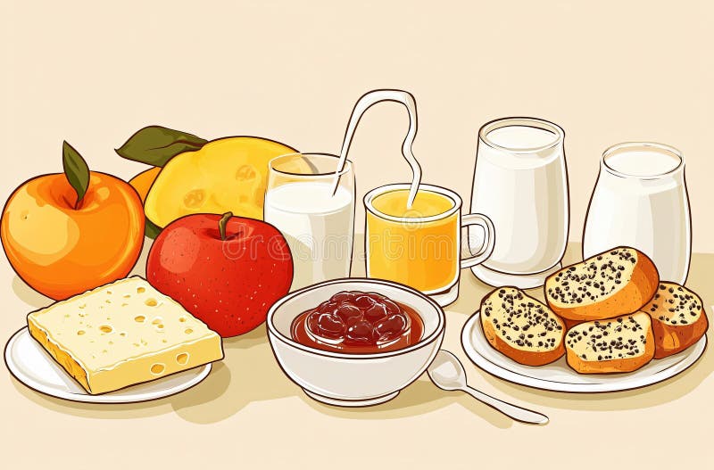 Delicious Breakfast Table with Fruit, Cheese, and Bread Stock ...